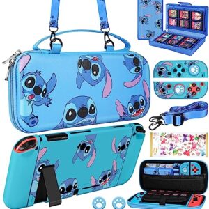 Xinocy for Nintendo Switch 9 in 1 Storage Accessories Kit with Travel Carrying Case+Switch Protective Cover+Game Case Holder+Strap+Sticker+2 Joycon Shells+2 Thumb Caps Cute for Boys Kids Girls -Stit