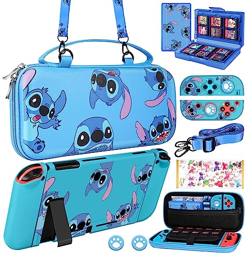 Xinocy for Nintendo Switch 9 in 1 Storage Accessories Kit with Travel Carrying Case+Switch Protective Cover+Game Case Holder+Strap+Sticker+2 Joycon Shells+2 Thumb Caps Cute for Boys Kids Girls -Stit