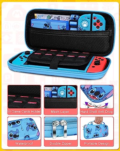 Xinocy for Nintendo Switch 9 in 1 Storage Accessories Kit with Travel Carrying Case+Switch Protective Cover+Game Case Holder+Strap+Sticker+2 Joycon Shells+2 Thumb Caps Cute for Boys Kids Girls -Stit