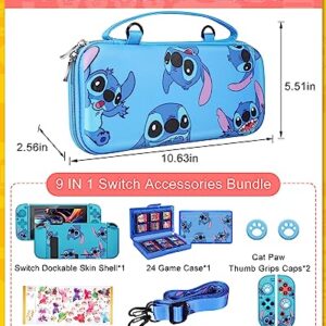 Xinocy for Nintendo Switch 9 in 1 Storage Accessories Kit with Travel Carrying Case+Switch Protective Cover+Game Case Holder+Strap+Sticker+2 Joycon Shells+2 Thumb Caps Cute for Boys Kids Girls -Stit