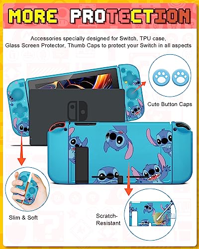 Xinocy for Nintendo Switch 9 in 1 Storage Accessories Kit with Travel Carrying Case+Switch Protective Cover+Game Case Holder+Strap+Sticker+2 Joycon Shells+2 Thumb Caps Cute for Boys Kids Girls -Stit