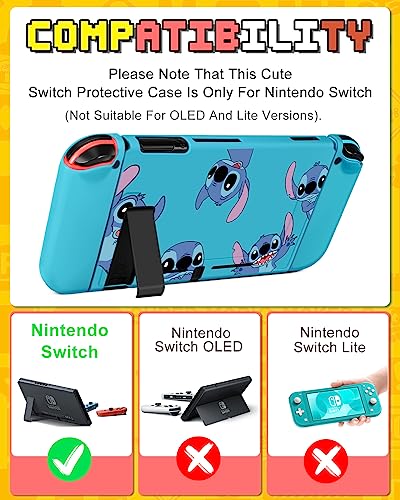 Xinocy for Nintendo Switch 9 in 1 Storage Accessories Kit with Travel Carrying Case+Switch Protective Cover+Game Case Holder+Strap+Sticker+2 Joycon Shells+2 Thumb Caps Cute for Boys Kids Girls -Stit