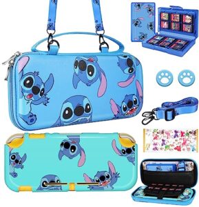 xinocy for nintendo switch lite 7 in 1 storage accessories kit with travel carrying case+switch lite protective cover+game case holder+strap+sticker+2 thumb caps cute shell for boys kids girls -stit