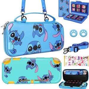 Xinocy for Nintendo Switch Lite 7 in 1 Storage Accessories Kit with Travel Carrying Case+Switch Lite Protective Cover+Game Case Holder+Strap+Sticker+2 Thumb Caps Cute Shell for Boys Kids Girls -Stit