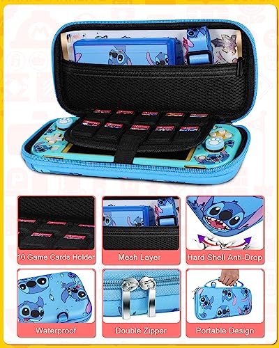 Xinocy for Nintendo Switch Lite 7 in 1 Storage Accessories Kit with Travel Carrying Case+Switch Lite Protective Cover+Game Case Holder+Strap+Sticker+2 Thumb Caps Cute Shell for Boys Kids Girls -Stit