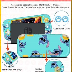 Xinocy for Nintendo Switch Lite 7 in 1 Storage Accessories Kit with Travel Carrying Case+Switch Lite Protective Cover+Game Case Holder+Strap+Sticker+2 Thumb Caps Cute Shell for Boys Kids Girls -Stit