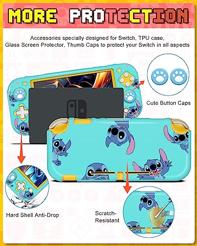 Xinocy for Nintendo Switch Lite 7 in 1 Storage Accessories Kit with Travel Carrying Case+Switch Lite Protective Cover+Game Case Holder+Strap+Sticker+2 Thumb Caps Cute Shell for Boys Kids Girls -Stit