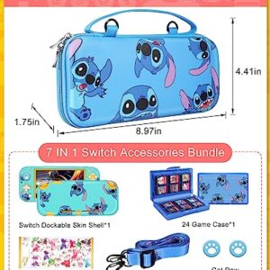 Xinocy for Nintendo Switch Lite 7 in 1 Storage Accessories Kit with Travel Carrying Case+Switch Lite Protective Cover+Game Case Holder+Strap+Sticker+2 Thumb Caps Cute Shell for Boys Kids Girls -Stit