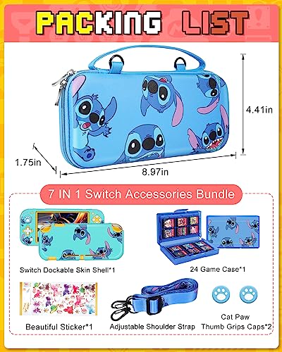 Xinocy for Nintendo Switch Lite 7 in 1 Storage Accessories Kit with Travel Carrying Case+Switch Lite Protective Cover+Game Case Holder+Strap+Sticker+2 Thumb Caps Cute Shell for Boys Kids Girls -Stit