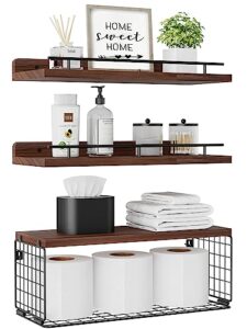 xeapoms floating shelves with wire storage basket, wall mounted bathroom shelves over toilet with metal guardrail, rustic wood wall shelf for bathroom decor,bedroom,living room,kitchen – rustic brown