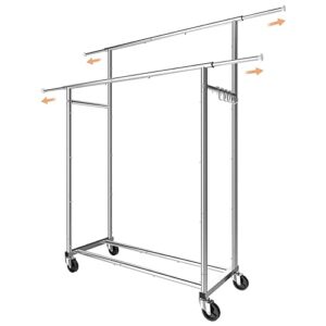 simple trending double rod clothing garment rack, rolling clothes organizer on wheels for hanging clothes,with 4 hooks, chrome