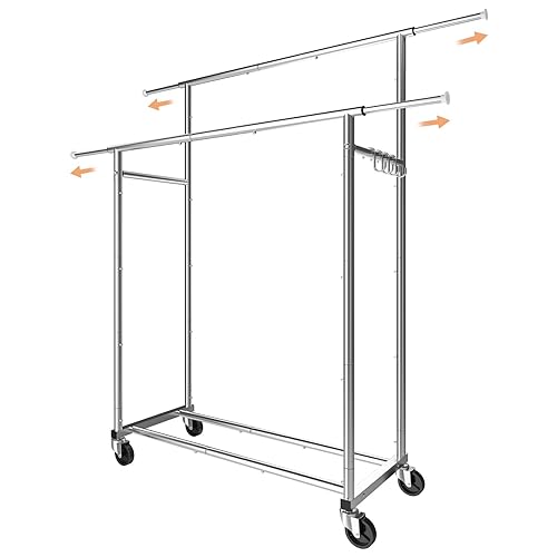 Simple Trending Double Rod Clothing Garment Rack, Rolling Clothes Organizer on Wheels for Hanging Clothes,with 4 hooks, Chrome