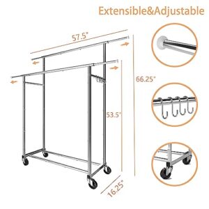 Simple Trending Double Rod Clothing Garment Rack, Rolling Clothes Organizer on Wheels for Hanging Clothes,with 4 hooks, Chrome