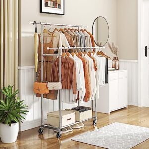 Simple Trending Double Rod Clothing Garment Rack, Rolling Clothes Organizer on Wheels for Hanging Clothes,with 4 hooks, Chrome