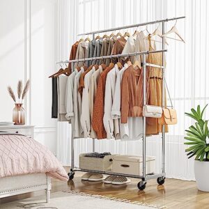 Simple Trending Double Rod Clothing Garment Rack, Rolling Clothes Organizer on Wheels for Hanging Clothes,with 4 hooks, Chrome