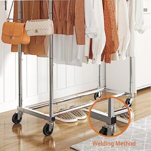 Simple Trending Double Rod Clothing Garment Rack, Rolling Clothes Organizer on Wheels for Hanging Clothes,with 4 hooks, Chrome