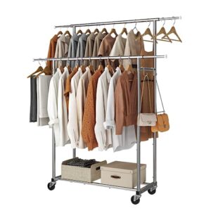 Simple Trending Double Rod Clothing Garment Rack, Rolling Clothes Organizer on Wheels for Hanging Clothes,with 4 hooks, Chrome