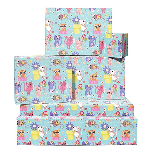 CENTRAL 23 Cat Wrapping Paper - 6 Sheets of Floral Birthday Gift Wrap - Girly Kittens - Kitty - For Kids Girls Women - Pastel - Fur Mom - Comes with Stickers - Recyclable