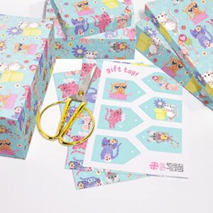 CENTRAL 23 Cat Wrapping Paper - 6 Sheets of Floral Birthday Gift Wrap - Girly Kittens - Kitty - For Kids Girls Women - Pastel - Fur Mom - Comes with Stickers - Recyclable