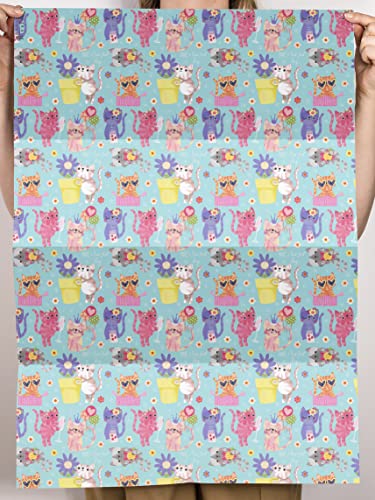 CENTRAL 23 Cat Wrapping Paper - 6 Sheets of Floral Birthday Gift Wrap - Girly Kittens - Kitty - For Kids Girls Women - Pastel - Fur Mom - Comes with Stickers - Recyclable