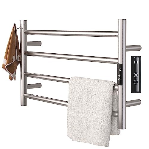 YITAHOME Towel Warmer Heated Towel Rack, 4 Bars Wall Mounted Electric Towel Warmers for Bathroom with LED Indicator, Multi-Level Temperature and Timer Setting, Plug-in/Hardwired, Silver