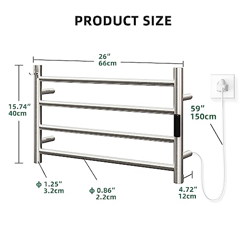 YITAHOME Towel Warmer Heated Towel Rack, 4 Bars Wall Mounted Electric Towel Warmers for Bathroom with LED Indicator, Multi-Level Temperature and Timer Setting, Plug-in/Hardwired, Silver