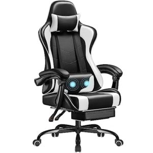 homall gaming chair, video game chair with footrest and massage lumbar support, ergonomic computer chair height adjustable with swivel seat and headrest (white)