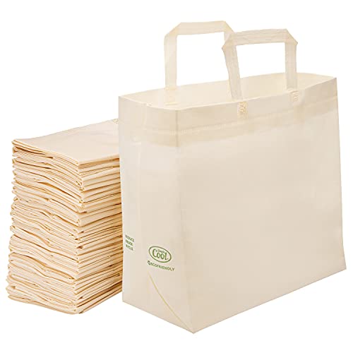 Simply Cool 50 Pack Reusable Eco-Friendly Grocery Shopping Bags 12.6"x6.3"x11.8" Durable, Recyclable,Washable, Foldable, Portable Tote Bags Bulk (50 Pack Reusable Bags, Cream)