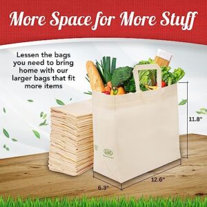 Simply Cool 50 Pack Reusable Eco-Friendly Grocery Shopping Bags 12.6"x6.3"x11.8" Durable, Recyclable,Washable, Foldable, Portable Tote Bags Bulk (50 Pack Reusable Bags, Cream)