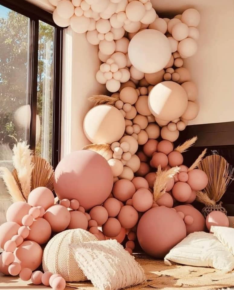 162 piece Dusty Retro Colors Balloon Arch double stuffed with a balloon arch garland kit, Retro Dusty Pink, Retro Apricot, Matte cream peach and chrome rose gold