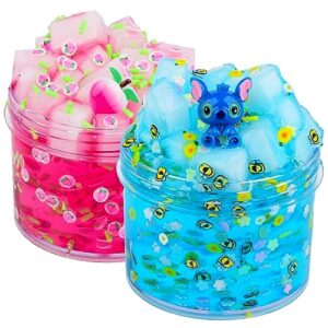 2 pack jelly cube crunchy slime kit, with pink and blue clear crunchy slime, soft & non-sticky, slime party favor for girls and boys stress relief toy, cool birthday gifts for kids