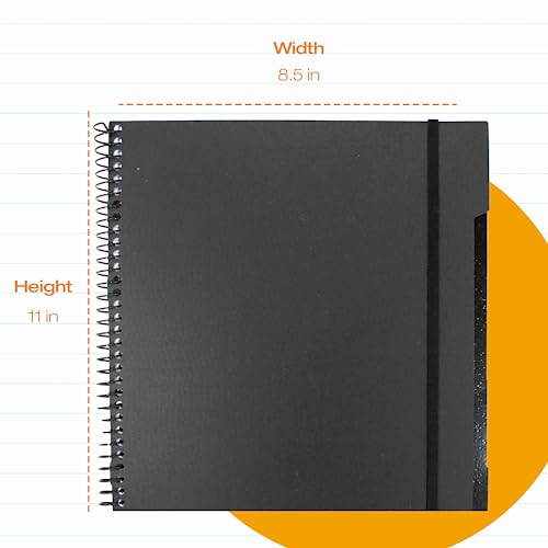 Confetti Spiral Notebook - Hole Punched - 4 Removable Dividers, Spill Proof Cover, Closing Elastic Band, Storage Pocket - Sturdy Bound Notepad, School & Office Supplies - 200 Sheets - Black