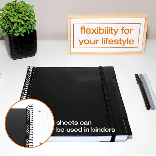 Confetti Spiral Notebook - Hole Punched - 4 Removable Dividers, Spill Proof Cover, Closing Elastic Band, Storage Pocket - Sturdy Bound Notepad, School & Office Supplies - 200 Sheets - Black