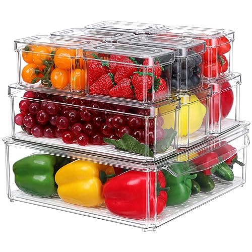 KUMD 10 Pack Fridge Organizers and Storage, Stackable Refrigerator Organizer Bins with Lids, BPA-Free Produce Fruit Storage Containers for Fridge Organizers, for Food, Drinks, Vegetable