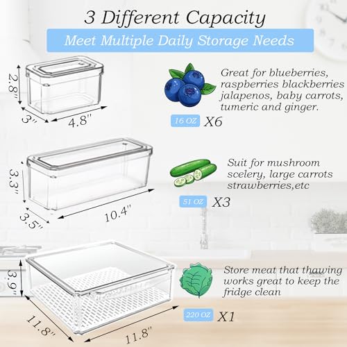 KUMD 10 Pack Fridge Organizers and Storage, Stackable Refrigerator Organizer Bins with Lids, BPA-Free Produce Fruit Storage Containers for Fridge Organizers, for Food, Drinks, Vegetable