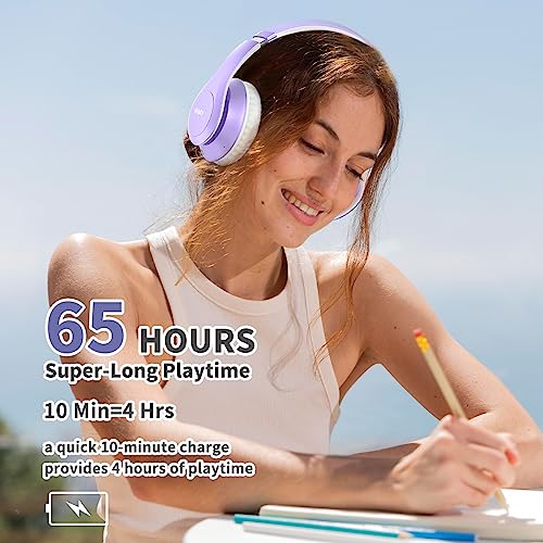 Uliptz Wireless Bluetooth Headphones, 65H Playtime, 6EQ Sound Modes, HiFi Stereo Over Ear Headphones with Microphone, Foldable Bluetooth 5.3 Headphones for Travel/Office/Cellphone/PC (Purple)