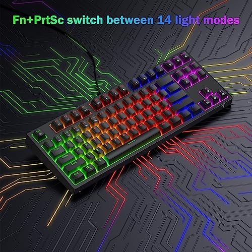 TECURS Gaming Keyboard Mechanical Wired LED Keyboard 5 Macro Keys 87 Keys Compact Teclado Mecanico TKL Gamer Keyboard with Red Switch for PC Computer Laptop Xbox PS4 PS5