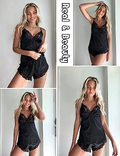 Avidlove Womens Satin Pajama Set Silk Lingerie Lace Sleepwear Black Medium