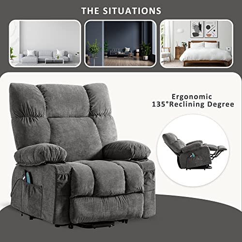 VON RACER Power Lift Recliner Chairs Modern Chair with Heat and Massage Recliners for Elderly Sofa with 2 Side Pocket, USB Port Remote Control, Adjustable Furniture, Classic Grey