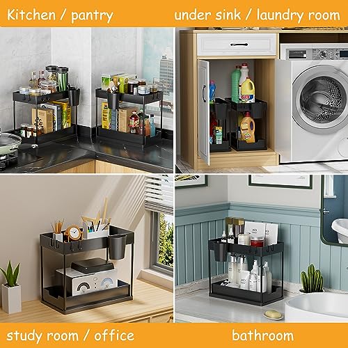 GORLDE Under Sink Organizers and Storage Thickened 2 Tier Undersink Organizers with Pull Out Sliding Drawers,Multi-purpose Bathroom Kitchen Under Cabinet Organizers with Hooks Hanging Cup,Black (2)