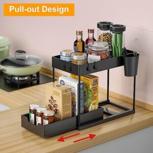 GORLDE Under Sink Organizers and Storage Thickened 2 Tier Undersink Organizers with Pull Out Sliding Drawers,Multi-purpose Bathroom Kitchen Under Cabinet Organizers with Hooks Hanging Cup,Black (2)