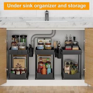 GORLDE Under Sink Organizers and Storage Thickened 2 Tier Undersink Organizers with Pull Out Sliding Drawers,Multi-purpose Bathroom Kitchen Under Cabinet Organizers with Hooks Hanging Cup,Black (2)