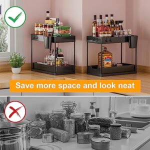 GORLDE Under Sink Organizers and Storage Thickened 2 Tier Undersink Organizers with Pull Out Sliding Drawers,Multi-purpose Bathroom Kitchen Under Cabinet Organizers with Hooks Hanging Cup,Black (2)