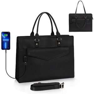 laptop tote bag for women, 17 inch laptop bag waterproof leather computer tote bag, large work bag with usb charging port, womens laptop briefcase business office handbag work shoulder bag, black