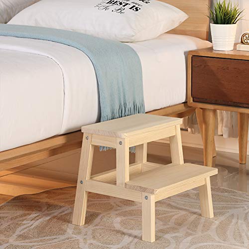 HOUCHICS Wooden Step Stool for Adults Kids, Solid Wood Bed Step Stool, Multi-Purpose 2-Step Stool for Kitchen, Bed, Bathroom（Natural）