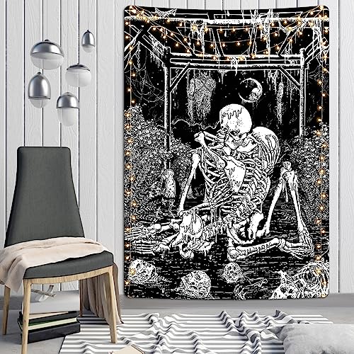 Uspring Skull Tapestry Kissing Lovers Tapestries Black and White Sketelon Tapestry Gothic Moon Tapestry for Bedroom Aesthetic Wall Hanging decor (51.2 x 59.1 inches)