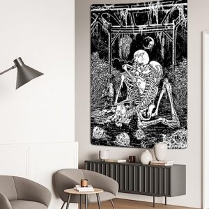 Uspring Skull Tapestry Kissing Lovers Tapestries Black and White Sketelon Tapestry Gothic Moon Tapestry for Bedroom Aesthetic Wall Hanging decor (51.2 x 59.1 inches)