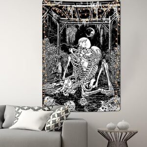 Uspring Skull Tapestry Kissing Lovers Tapestries Black and White Sketelon Tapestry Gothic Moon Tapestry for Bedroom Aesthetic Wall Hanging decor (51.2 x 59.1 inches)