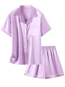 silk pjs for women set, cute silky matching 2 pcs comfy nightwear button down sexy soft satin summer pj short set, d lavender, x-small