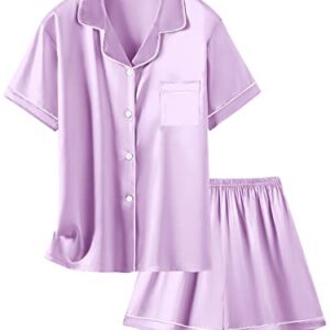 Silk Pjs for Women Set, Cute Silky Matching 2 Pcs Comfy Nightwear Button Down Sexy Soft Satin Summer Pj Short Set, D Lavender, X-Small